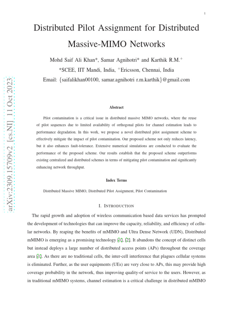 Distributed Pilot Assignment For Distributed Massive-MIMO Networks | PDF | Mimo | Cellular Network