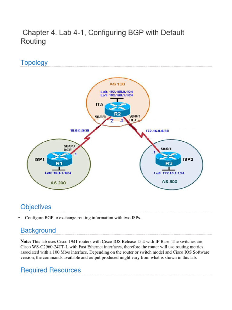 Chapter 4 Lab 4 1 Configuring Bgp With Default Routing Pdf Router Computing Ip Address
