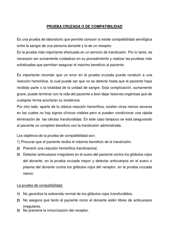 Prueba Cruzada o de Compatibilidad | PDF | Transfusión de sangre | Tipo ...