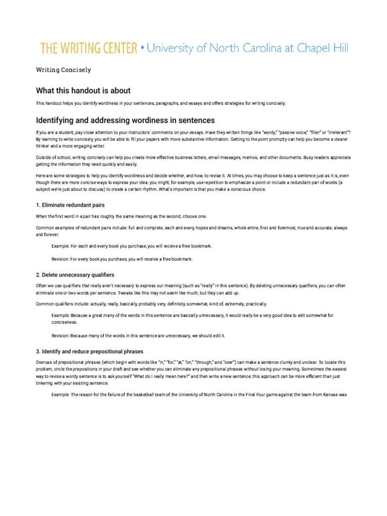 Writing Concisely - The Writing Center - University of North Carolina at Chapel Hill | PDF ...