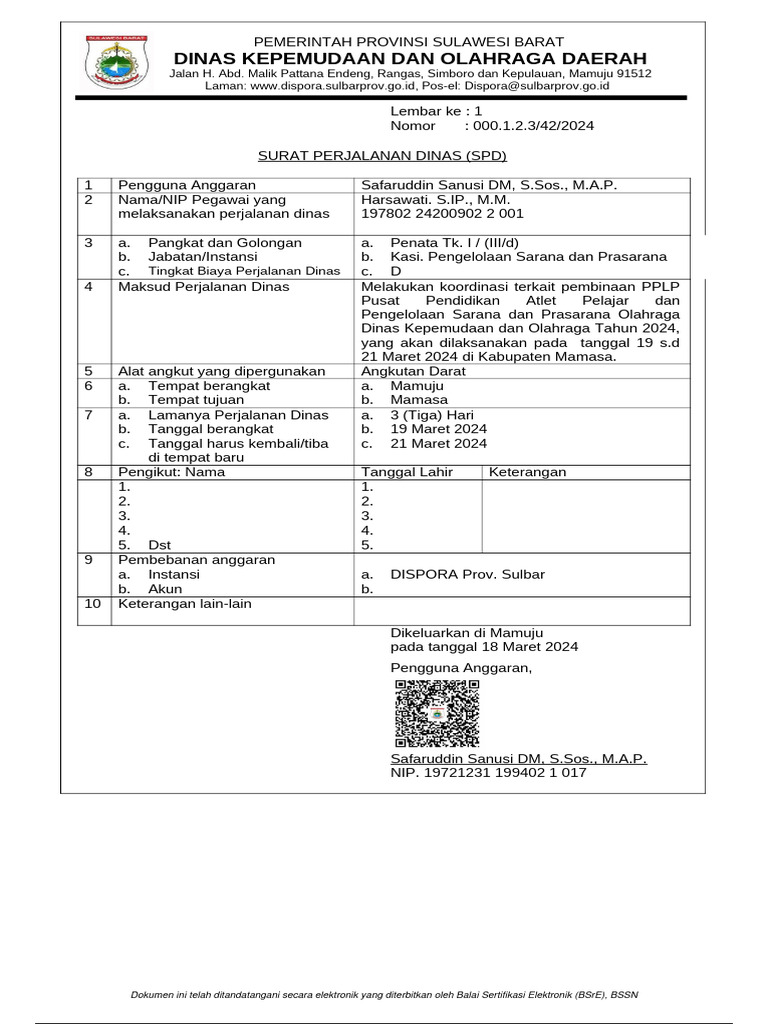Surat Perjalanan Dinas Pegawai A N Harsawati S Ip M M Pdf