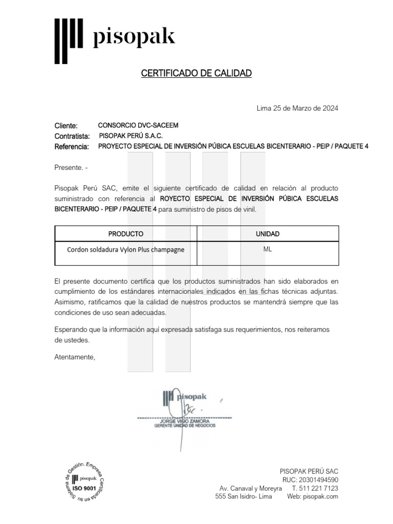 Cert. Calidad - Cordon Soldadura Vylon Plus Champagne | PDF | Negocios | Tecnología