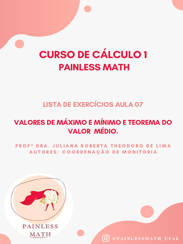 Lista de Exercícios 07 - Curso de Cálculo 1 - Painless Math | PDF ...