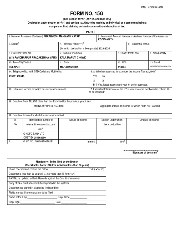 15_G_Form(Pre-filled) | PDF | Income Tax | Government Finances