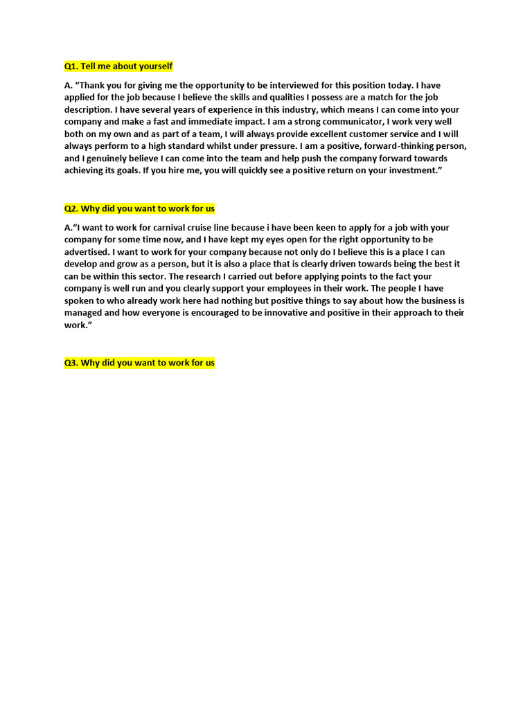 Carnival Cruise Line Interview Insights | PDF