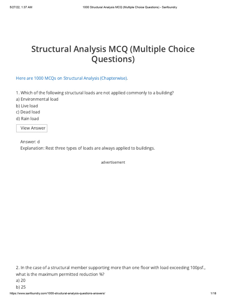 1000 Structural Analysis MCQs Guide | PDF | Structural Analysis | Truss