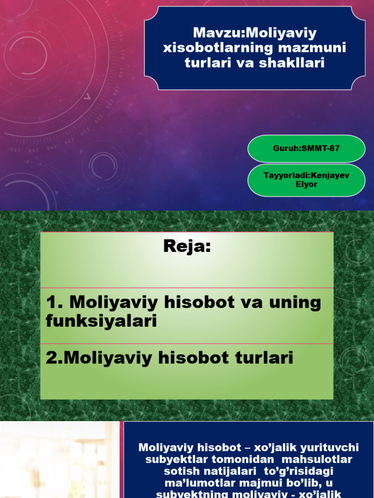 Moliyaviy Xisobotlarning Mazmuni Turlari Va Shakllari | PDF