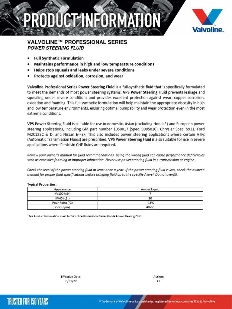 Valvoline Power Steering Fluid | PDF | Liquids | Mechanical Engineering