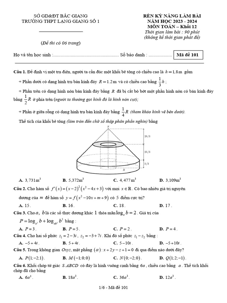 De Ren Ky Nang Lam Bai Toan 12 Nam 2023 2024 Truong THPT Lang Giang 1 Bac Giang | PDF