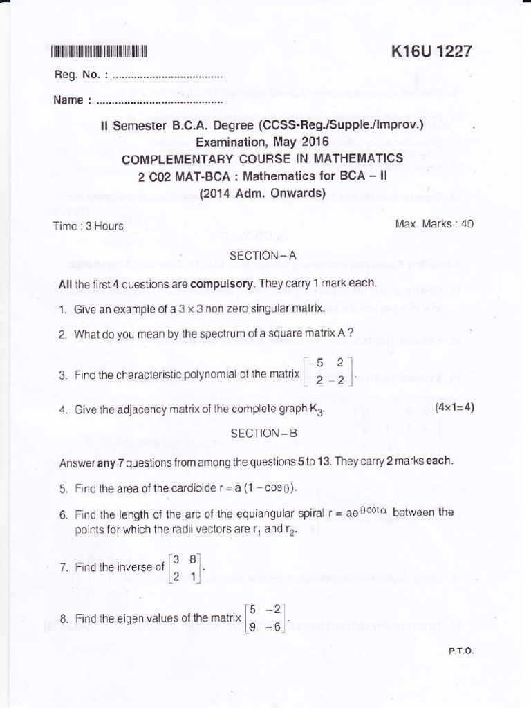 Bca II May2016 Mathematics For Bca-Ii | PDF | Matrix Theory | Mathematical Objects