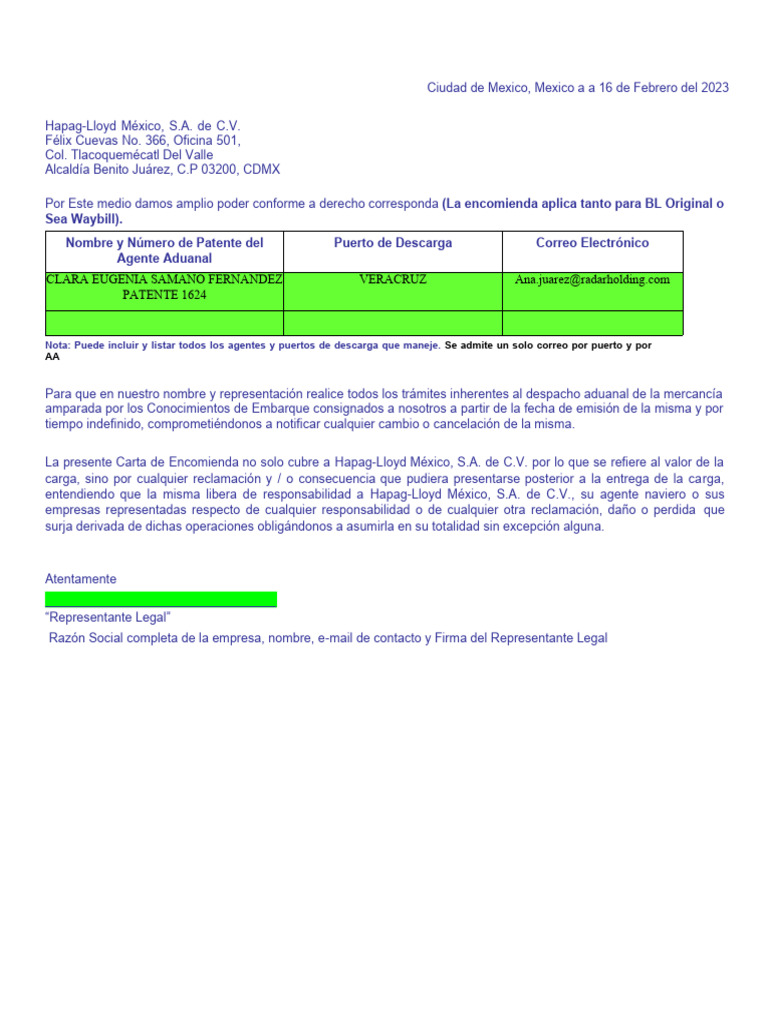 Carta Encomienda Hapag | PDF | Derecho