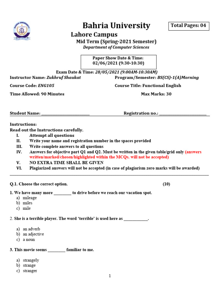 Functional English Mid Term Exam 2021 | PDF | Linguistics | Grammar