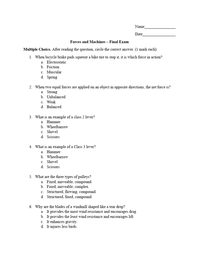 Forces and Machines - Final Exam | PDF | Force | Machines
