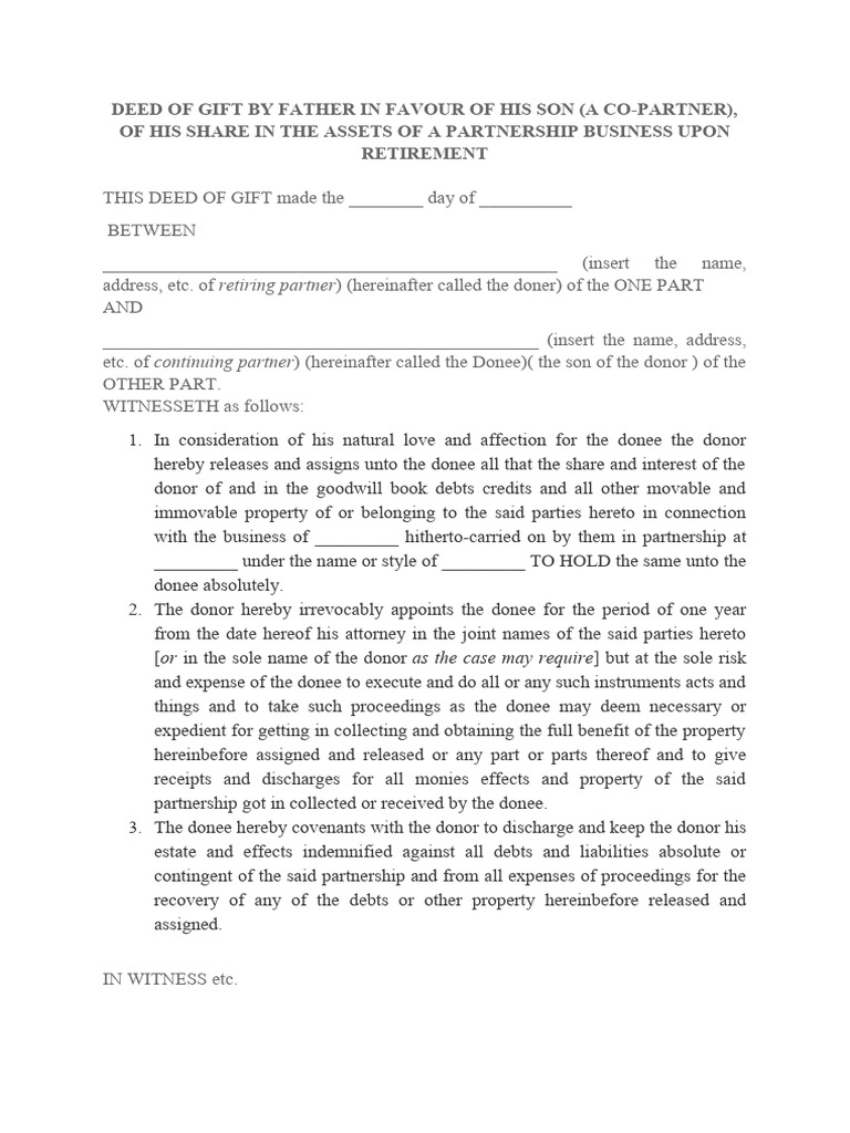 Deed of Gift by Father in Favour of His Son (A Co-Partner), of His ...