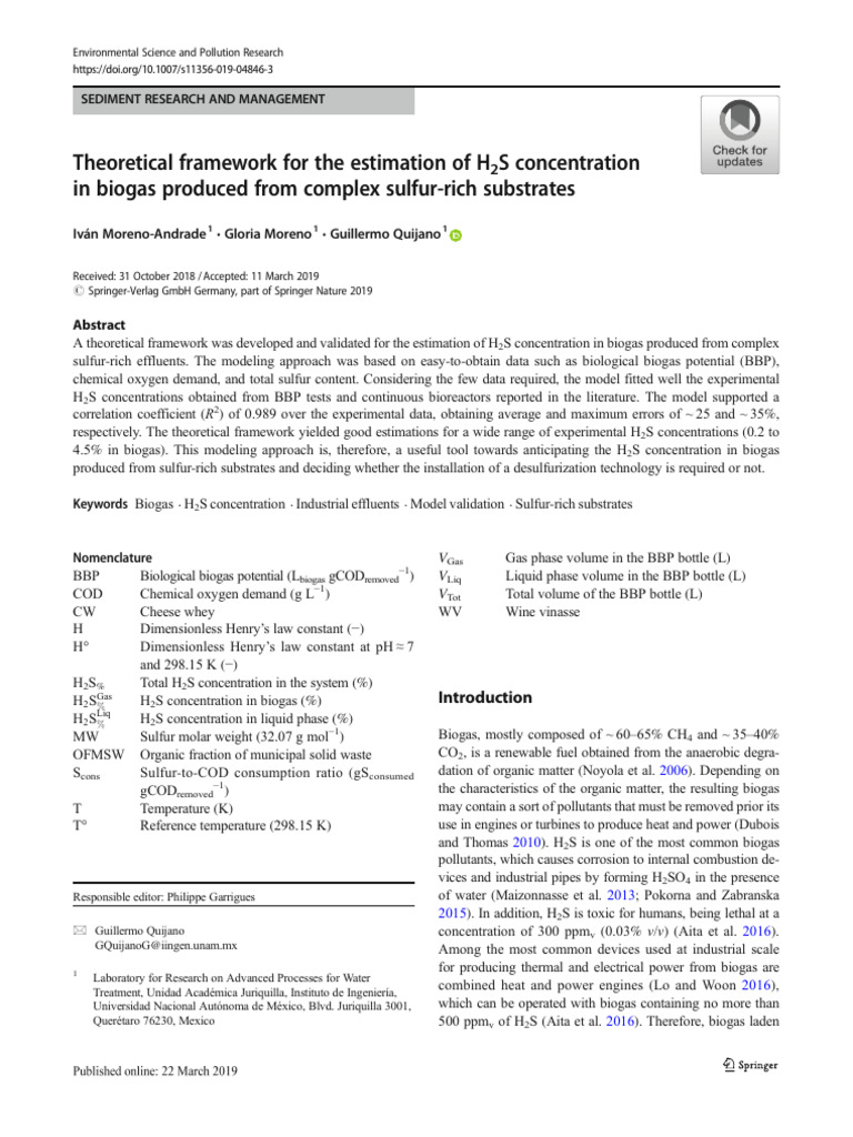 Theoretical framework for the estimation of H2S concentration in biogas ...