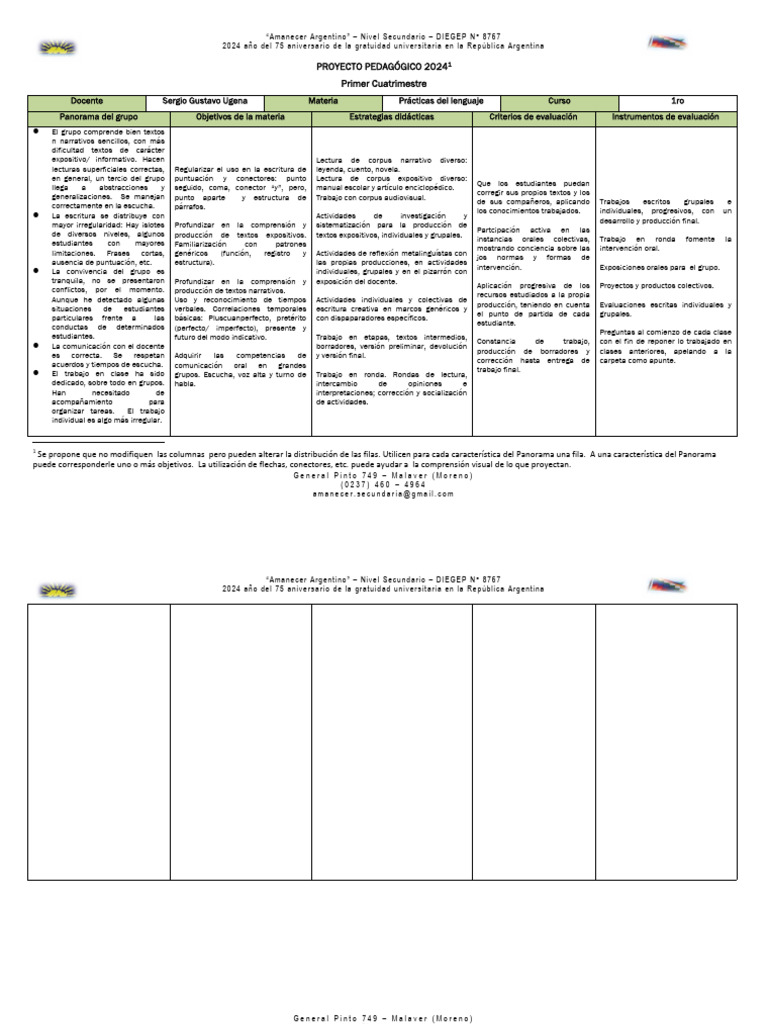 1er Año PROYECTO PEDAGOGICO 2024 | PDF