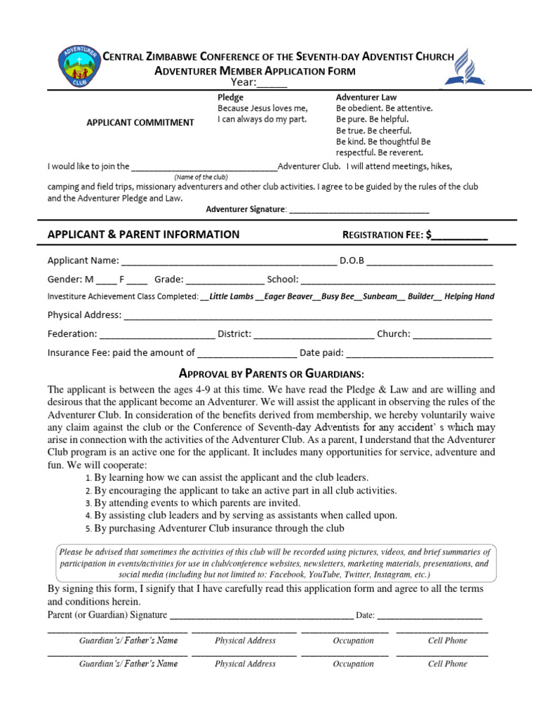 Adventurer Club Membership Application | PDF | Informed Consent | Insurance