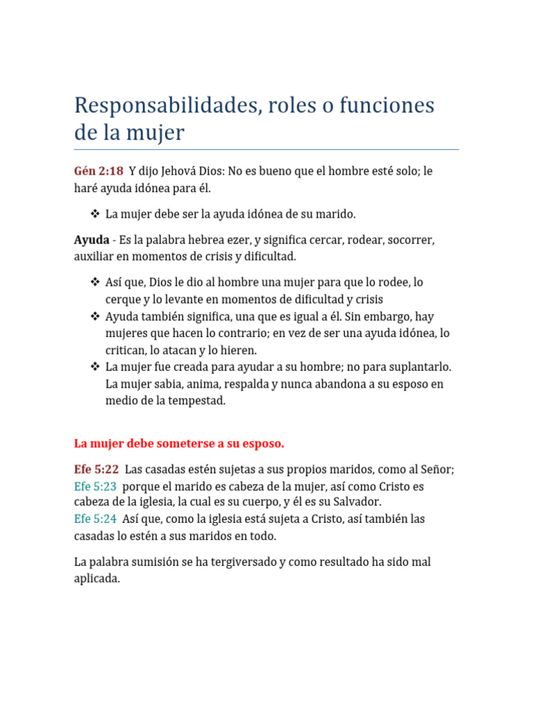 Responsabilidades, Roles o Funciones de La Mujer | PDF | Víspera