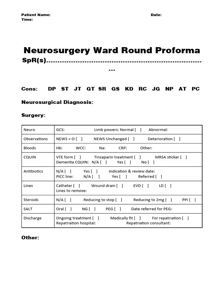 Neurosurgical Ward Round Proforma Templat | PDF