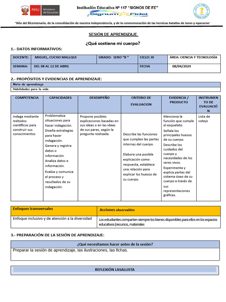 Sesion de Aprendizaje CT Que Sostiene Mi Cuerpo 08 - Abril 2024 | PDF | Esqueleto | Hueso