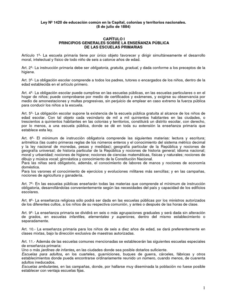 1884 Ley 1420 Educación Común | PDF | Educación primaria | Escuelas