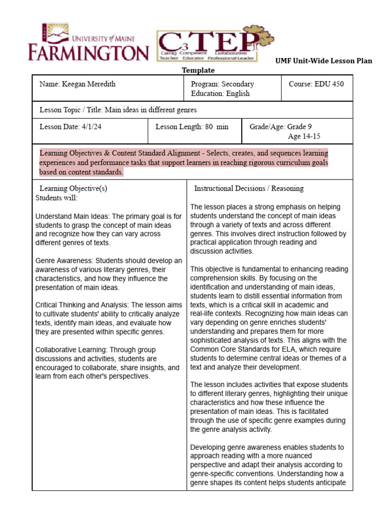Day 3 Lesson Plan For Analysis Unit | PDF | Learning | Reading ...