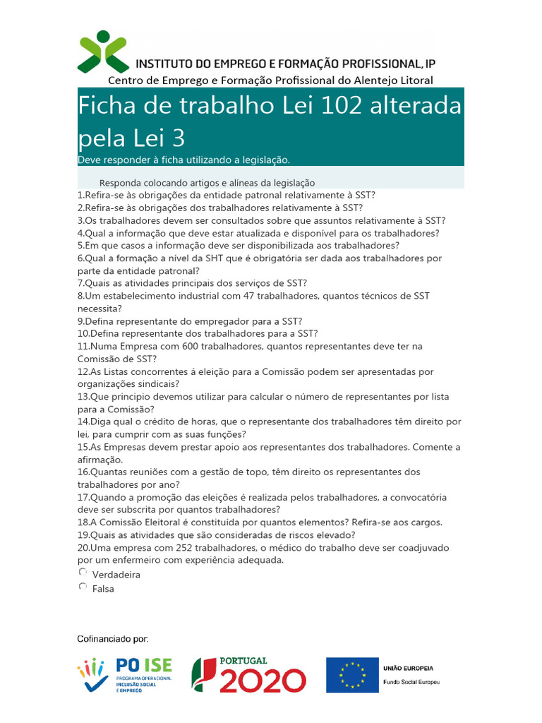 Ficha de trabalho Lei 102 alterada pela Lei 3 | PDF