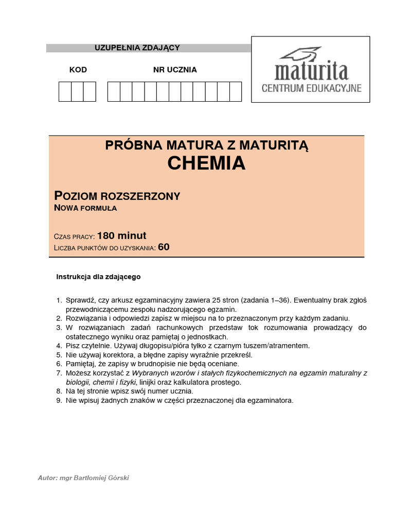 Probna Matura Z Maturita Chemia Kwiecien 2021 - Arkusz Do Pobrania | PDF