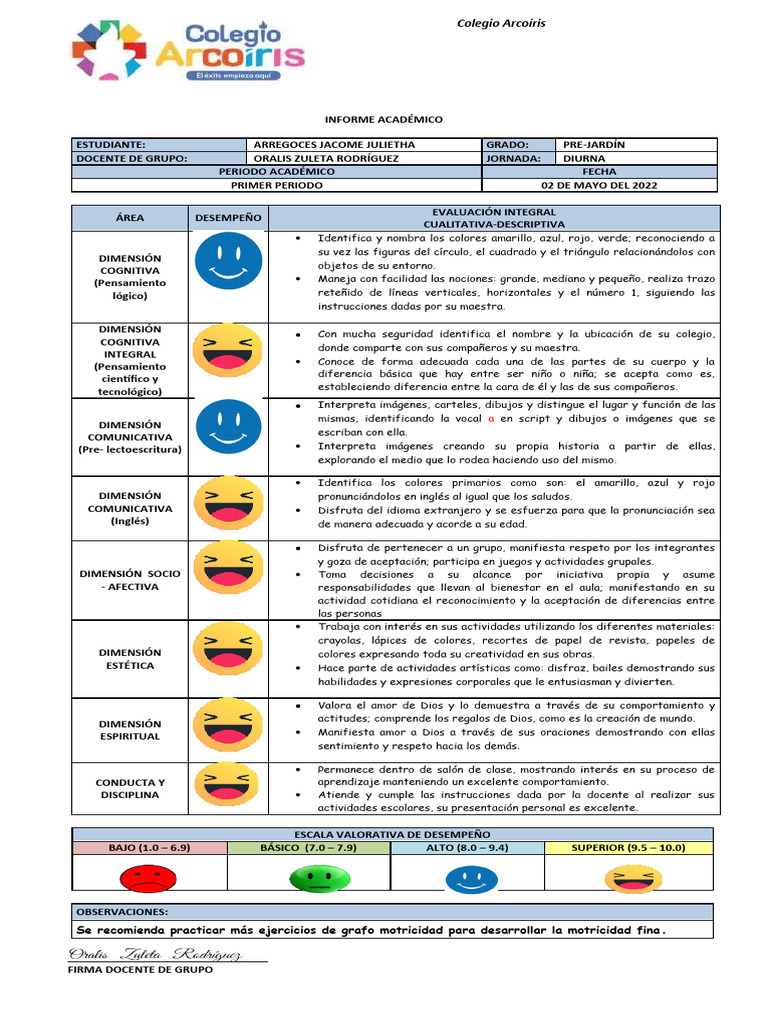FORMATO BOLETÍN PRE-ESCOLAR 2022 PRIMER PERIODO | PDF | Amor | Aprendizaje
