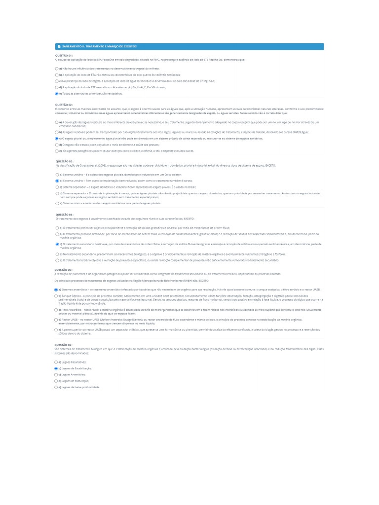 Respostas Saneamento II - Tratamento e Manejo de Esgotos | PDF