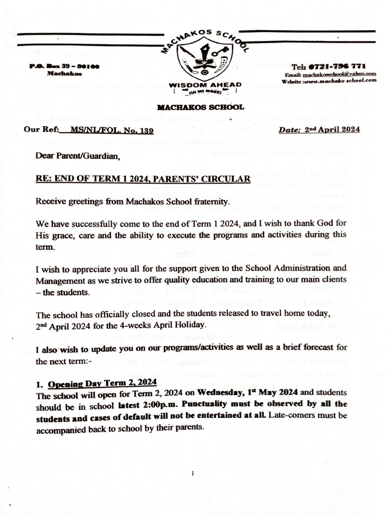 End of Term 1 2024, Parents' Circular | PDF