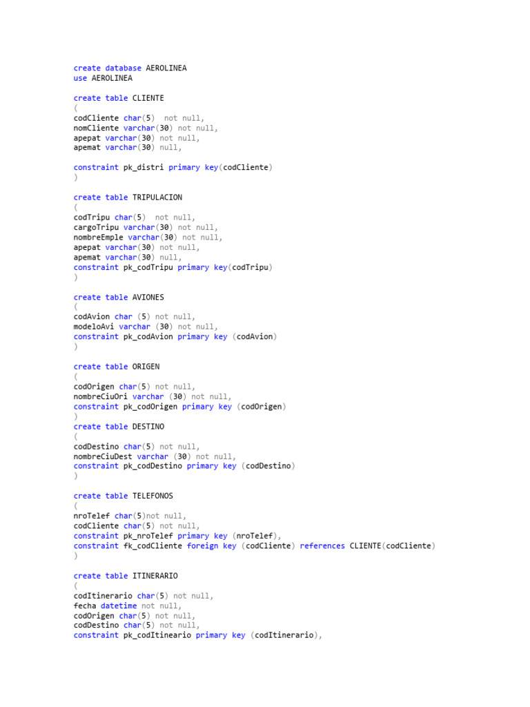 Create Database AEROLINEA Final | PDF | SQL | Datos de computadora