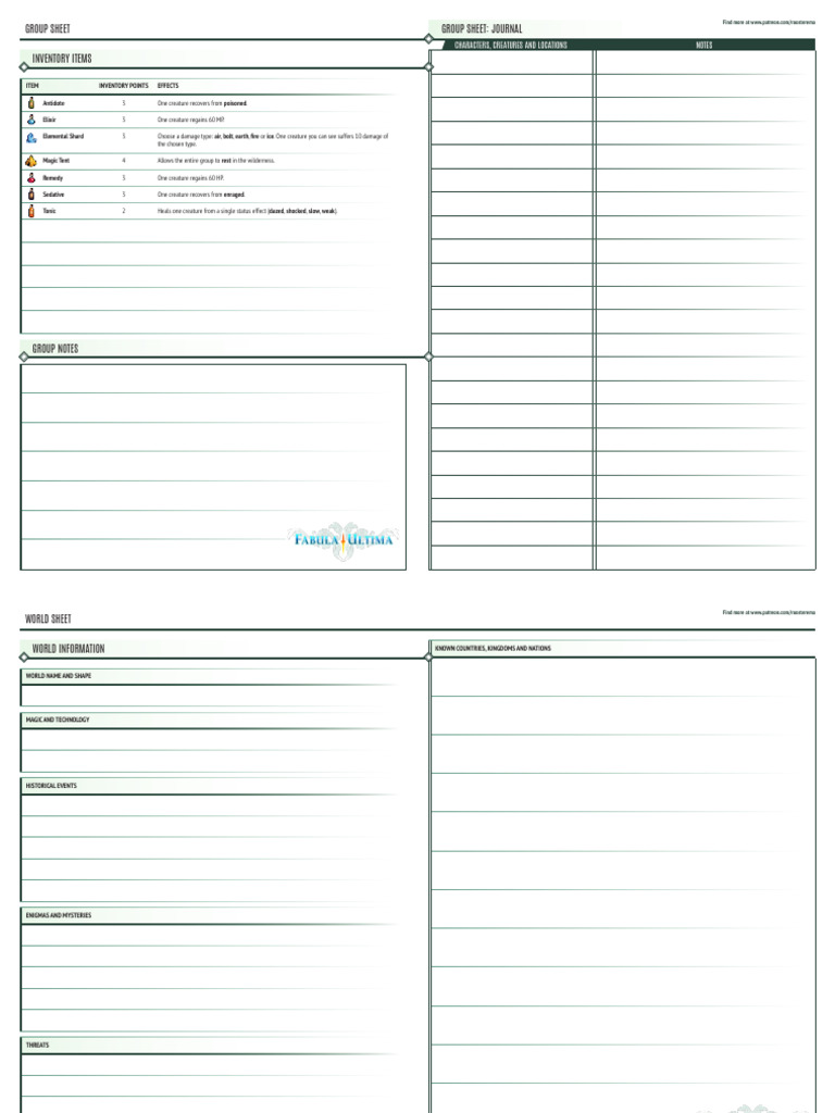 Fabula Ultima Group Sheet Overview | PDF