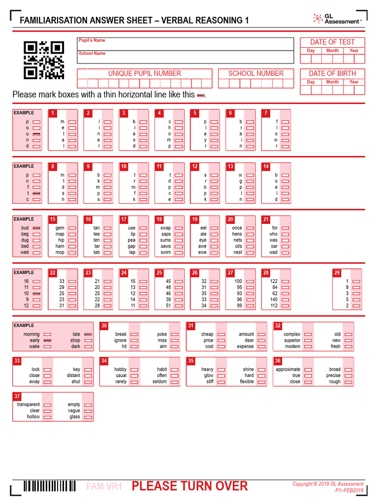 Verbal Reasoning - 1 - 3 - Answer Sheet | PDF