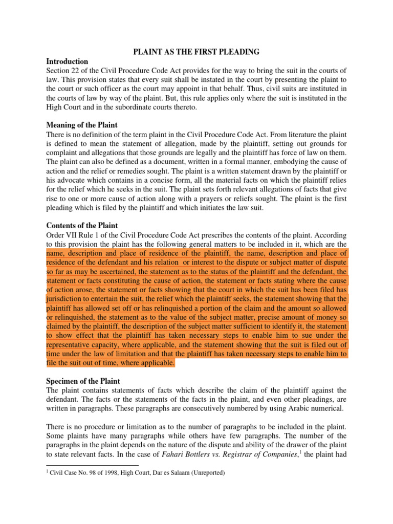 Plaint As The First Pleading | PDF | Lawsuit | Pleading