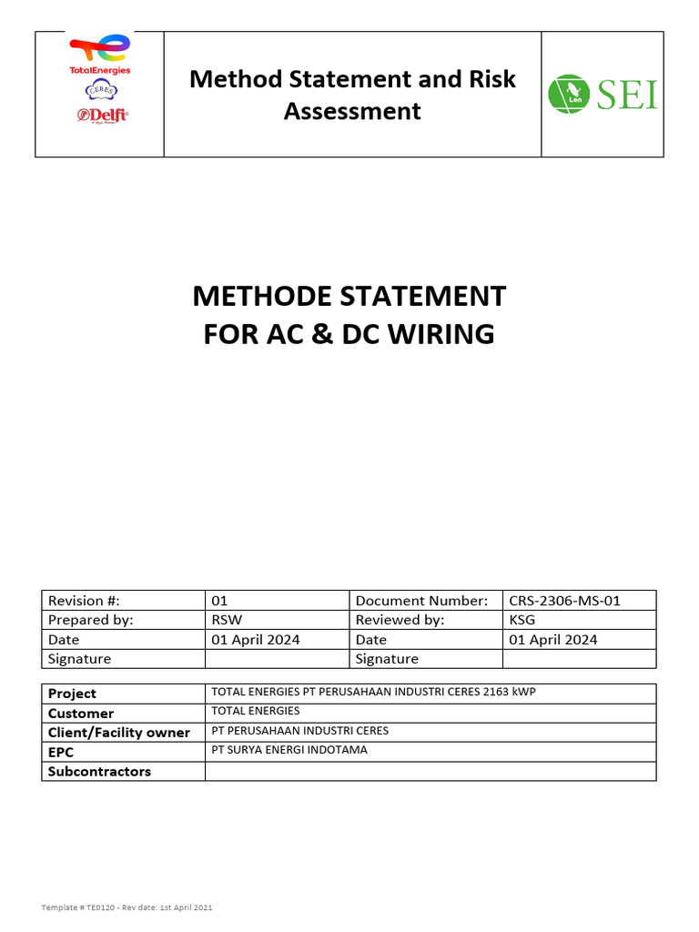 CRS-2306-MS-01 Method Statement For AC &DC Wiring | PDF | Electrical ...