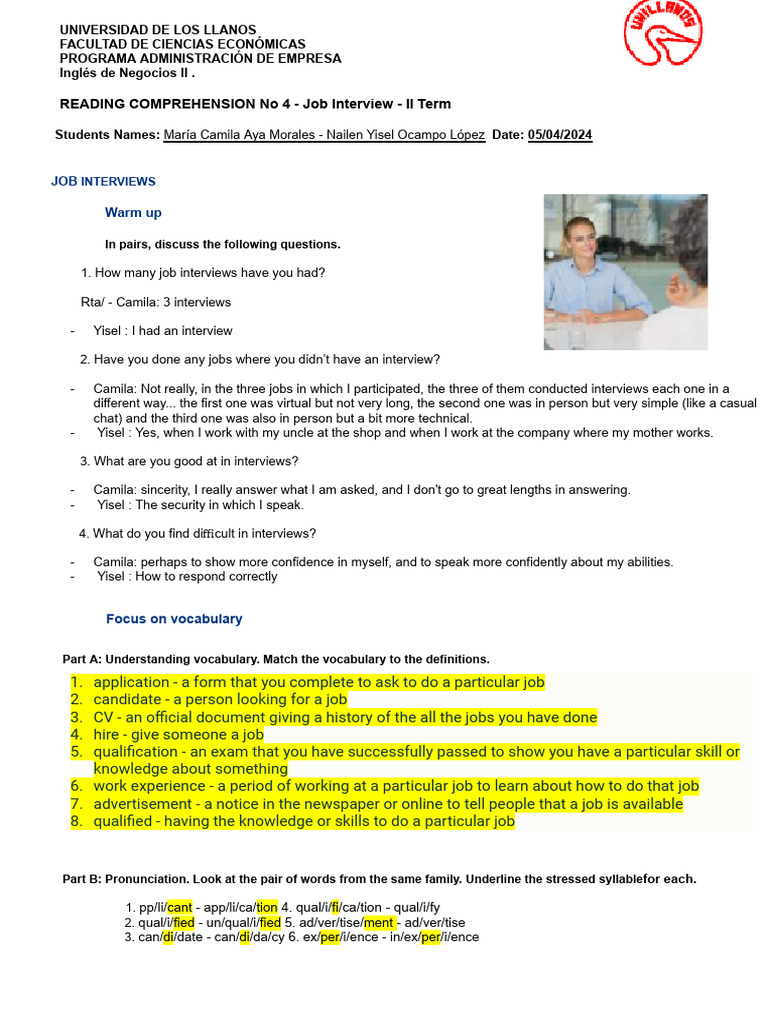 Reading Compreh Worksheet No 4 Job Interviews | Download Free PDF | Job ...