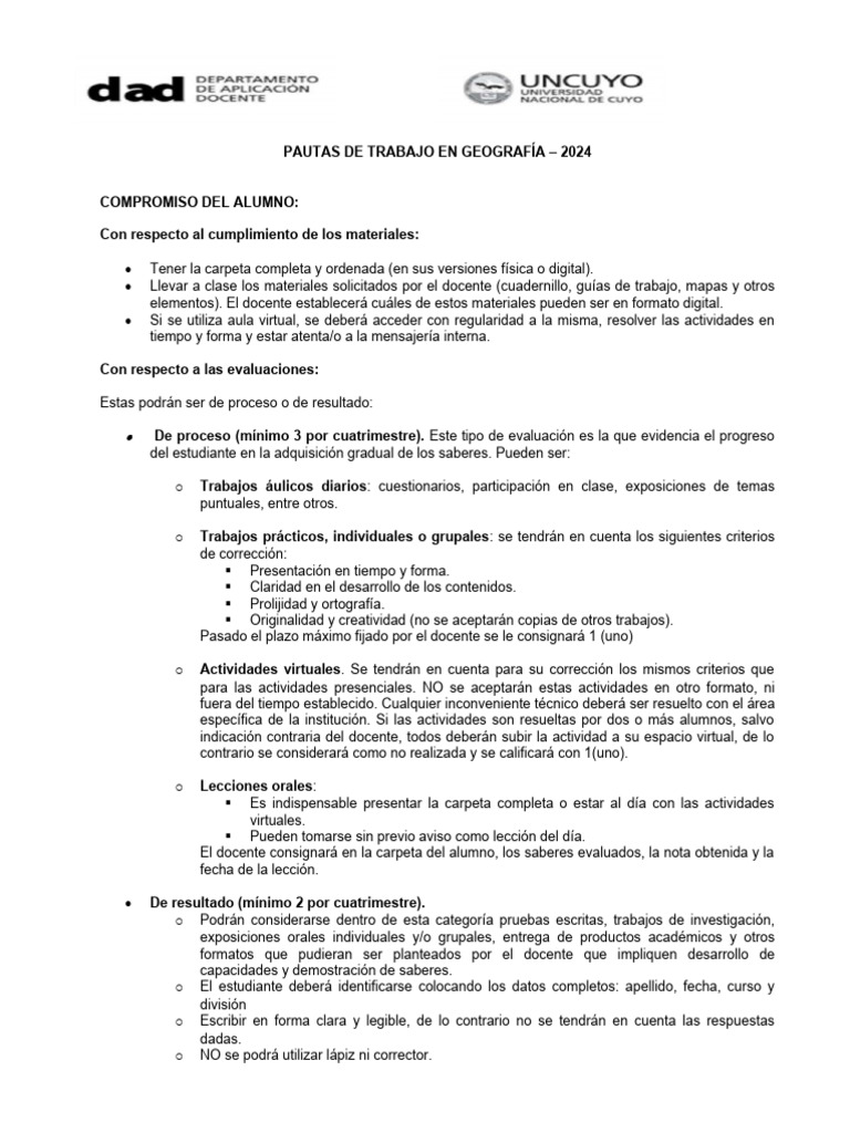 Pautas de Trabajo en Geografía 2024 | PDF
