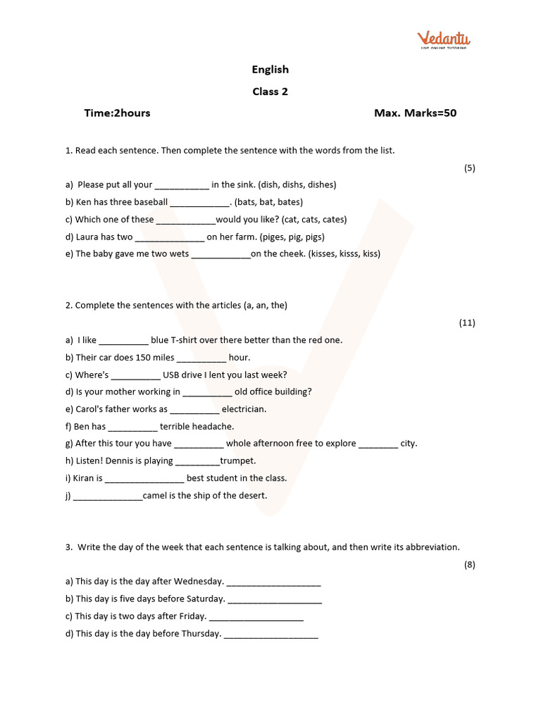 Class 2 English Exam Sample Paper | PDF