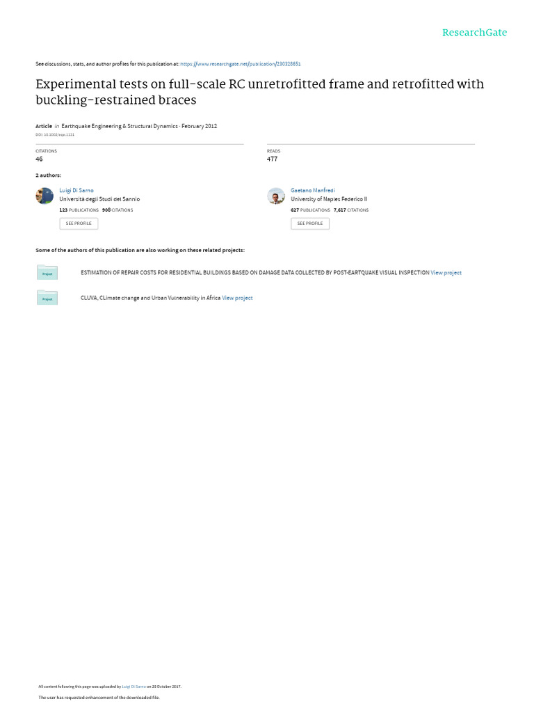 Experimental Tests On Full Scale Rc Unretrofitted Frame And Retrofitted With Brbs Pdf Yield