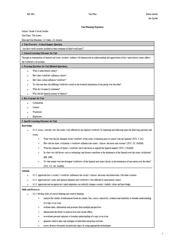 Grade 8 Social Studies: Aztec Unit Plan | PDF | Information | Critical ...