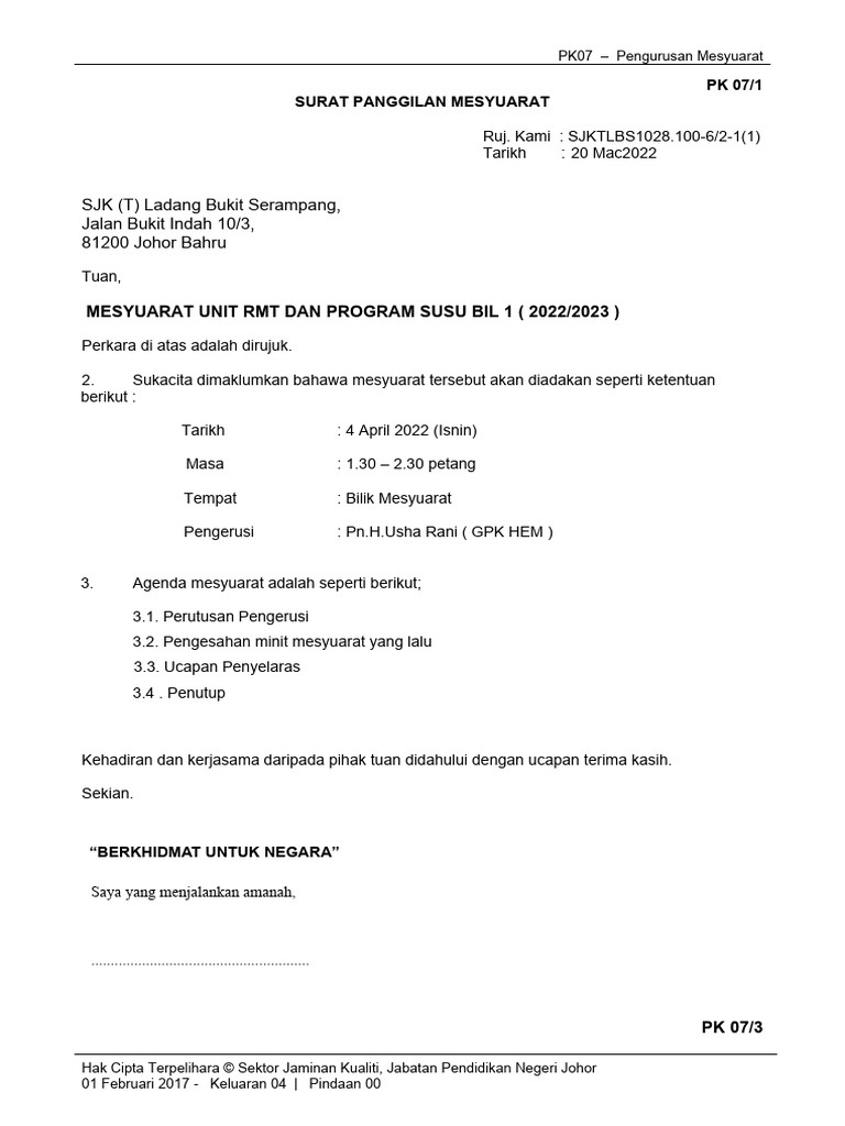Minit Mesyuarat RMT Kali 1 (2022) | PDF