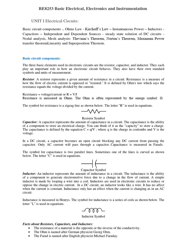 UNIT I Electrical Circuits:: BE8253 Basic Electrical, Electronics and Instrumentation | PDF ...