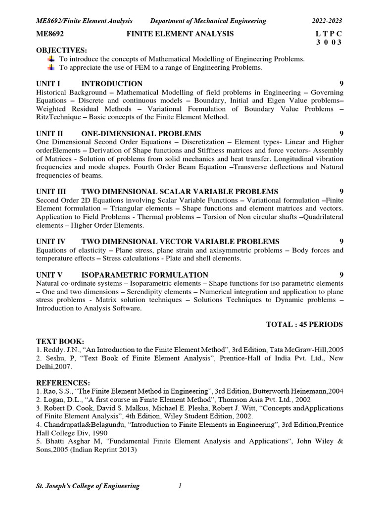Finite Element Analysis Course Outline | PDF | Finite Element Method | Numerical Analysis