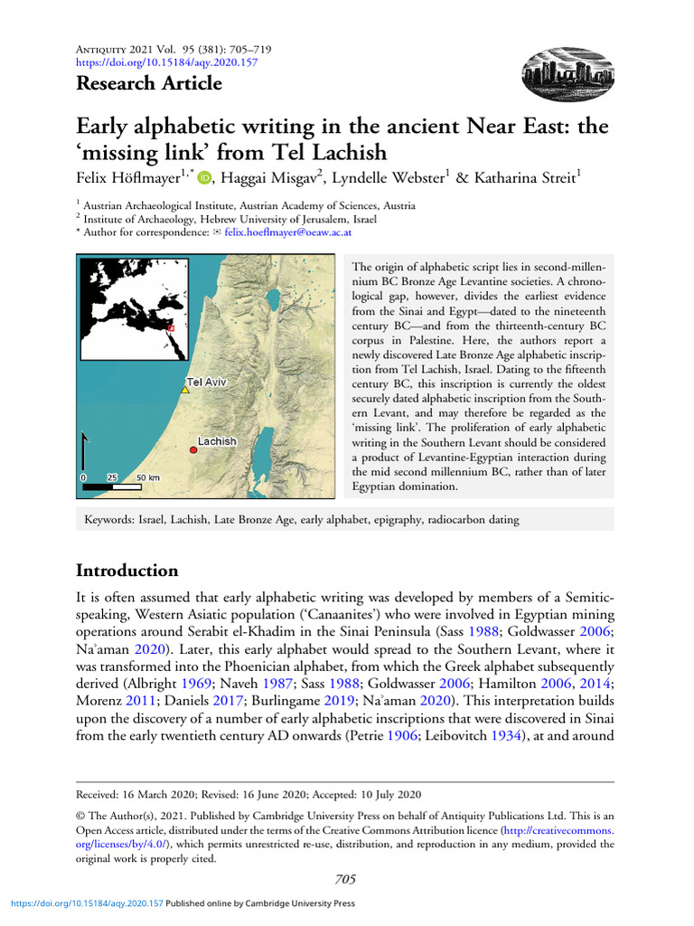 Early Alphabetic Writing in the Ancient Near East: The ‘Missing Link ...