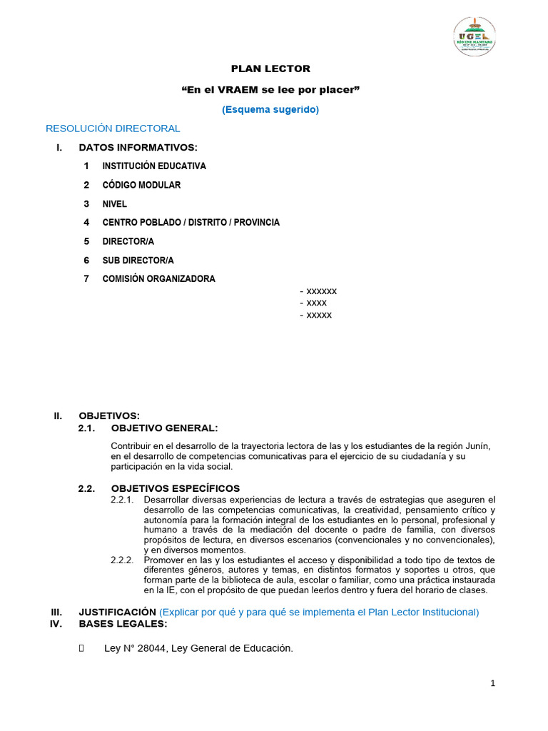 ESTRUCTURA SUGERIDA PLAN LECTOR - UGEL REM (1) | PDF | Plan de estudios | Educación primaria