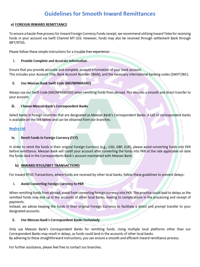 Inward Remittances Procedure Guidelines | PDF | Remittance | Banks