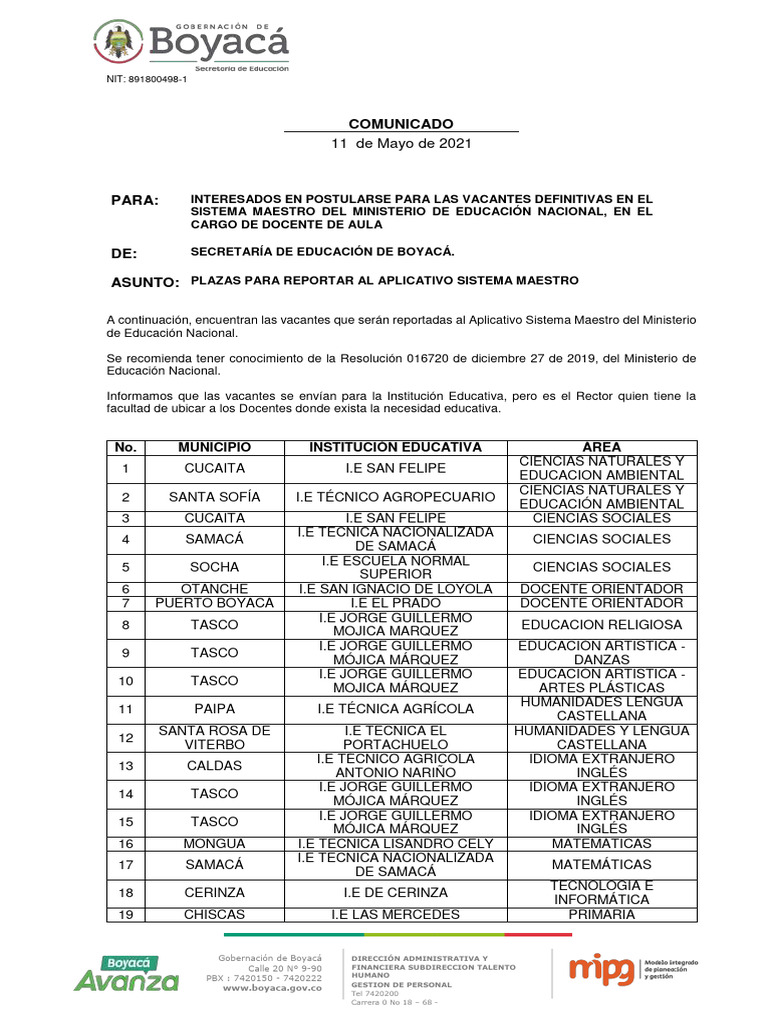 Comunicado 010 Del 11may2021 Plazas para Reportar Sistema Maestro | PDF