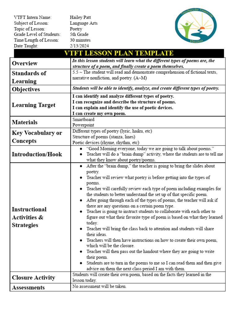 Hailey Patt - Lesson Plan Template VTFT 1 | PDF | Poetry | Lesson Plan