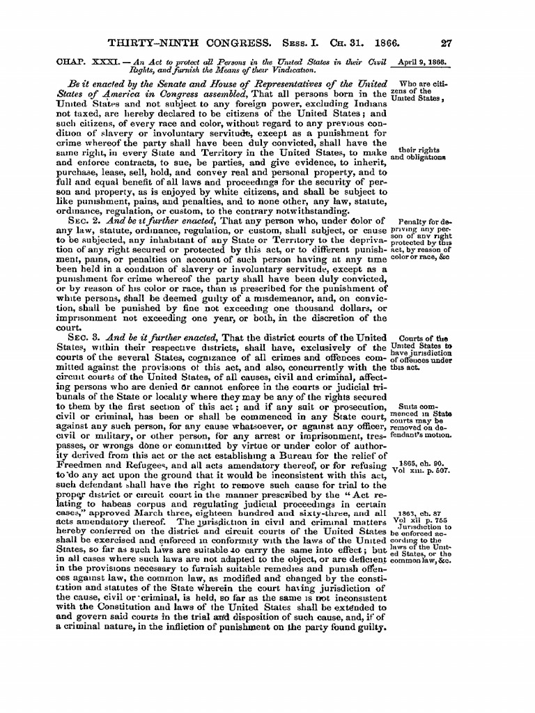 Civil Rights Act Of 1866 An Act To Protect All Persons And Furnish